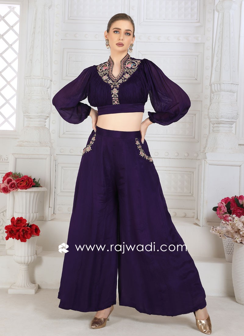 Purple Chinon Hand Work Palazzo Suit Purple Chinon Hand Work Palazzo Suit