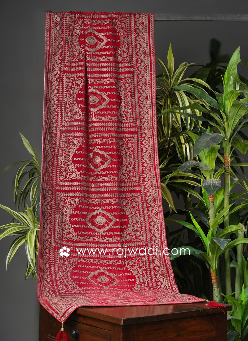 Thread Embroidered Red Velvet Dupatta