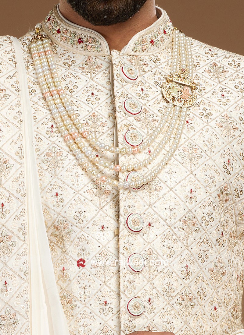 Wedding Wear Cream Embroidered Sherwani For Groom