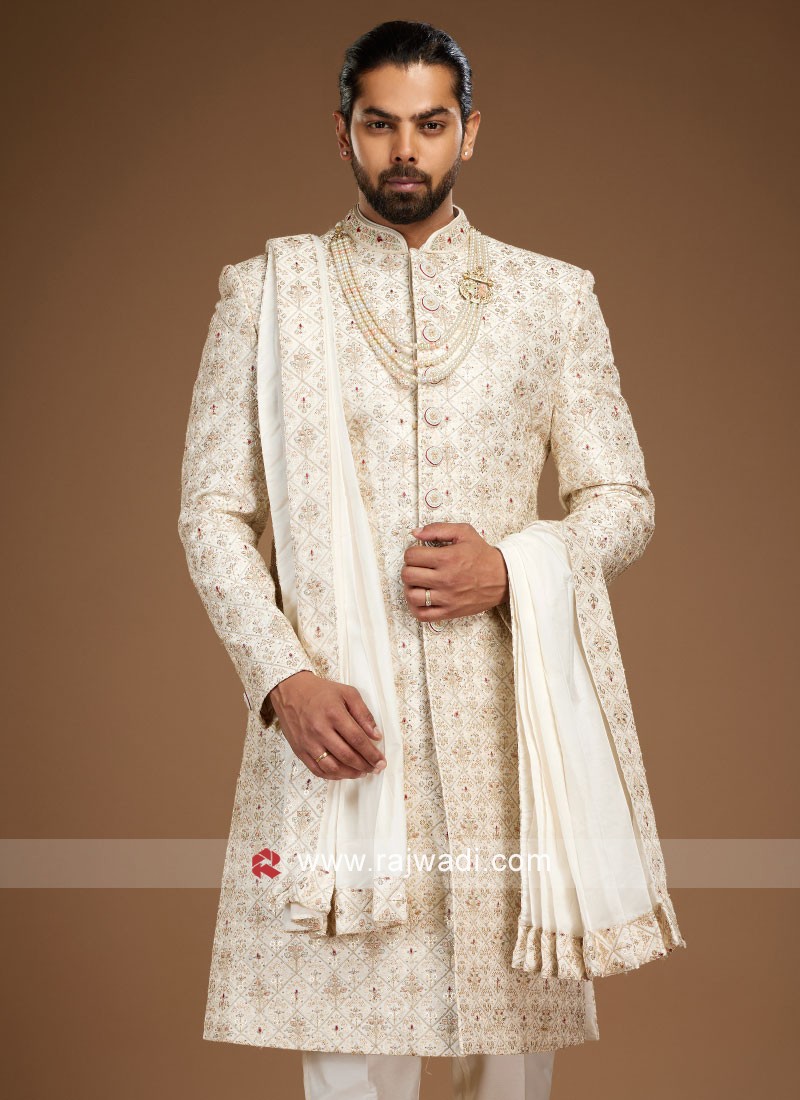 Wedding Wear Cream Embroidered Sherwani For Groom