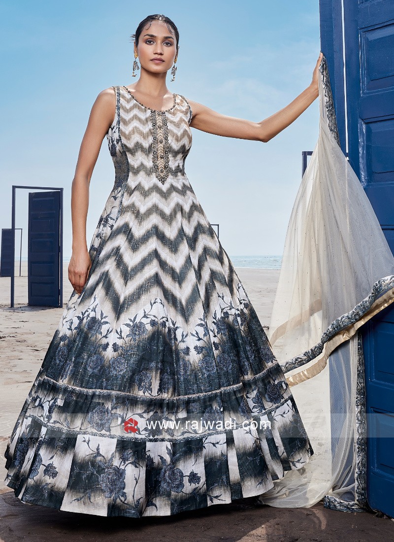 Grey Zig Zag Printed Anarkali Suit For Wedding
