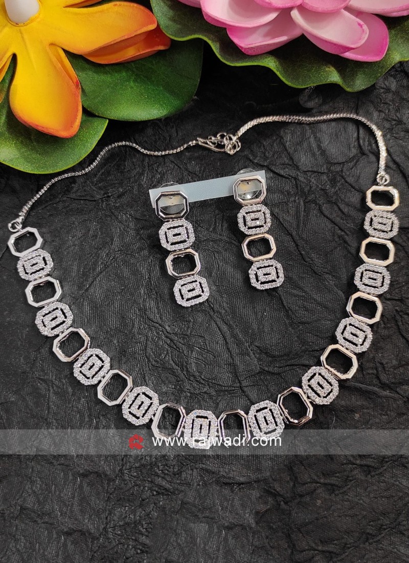 Silver American Diamond Necklace Set